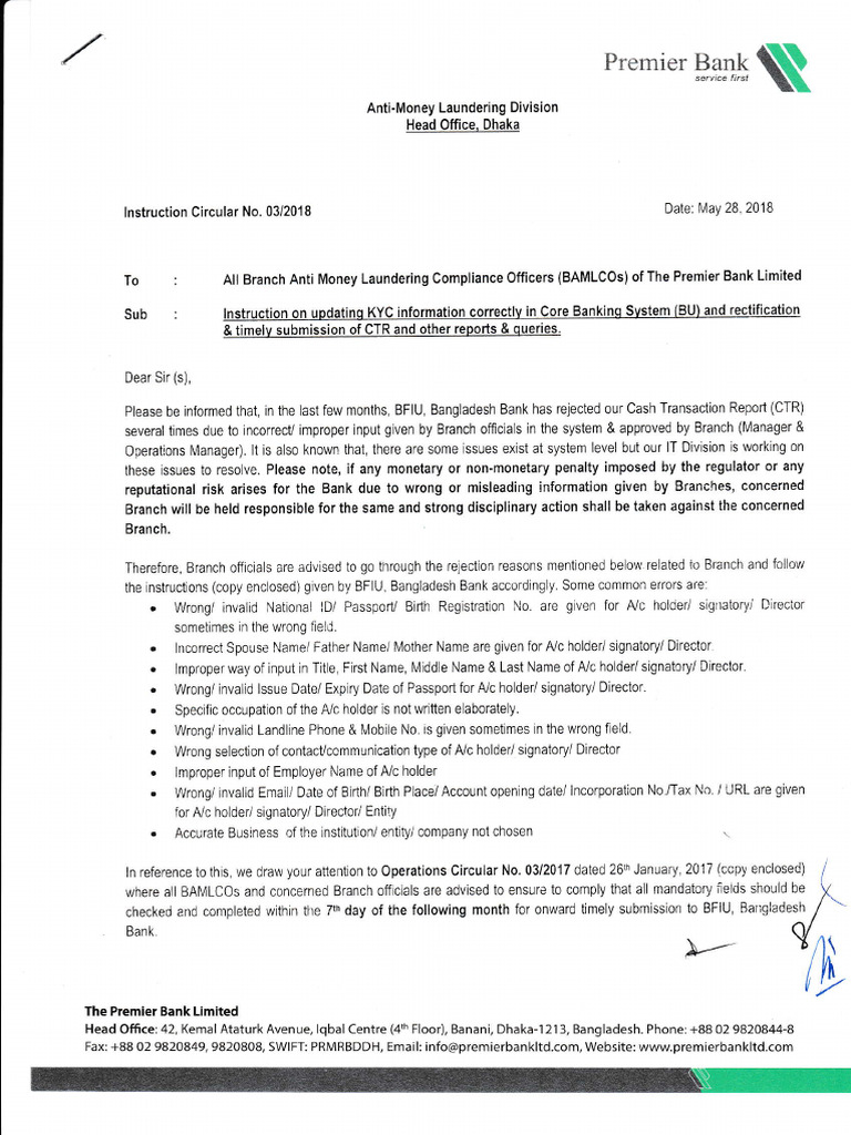 AML Circular No 03-2018 - Instruction Circular On Correctly & Timely ...
