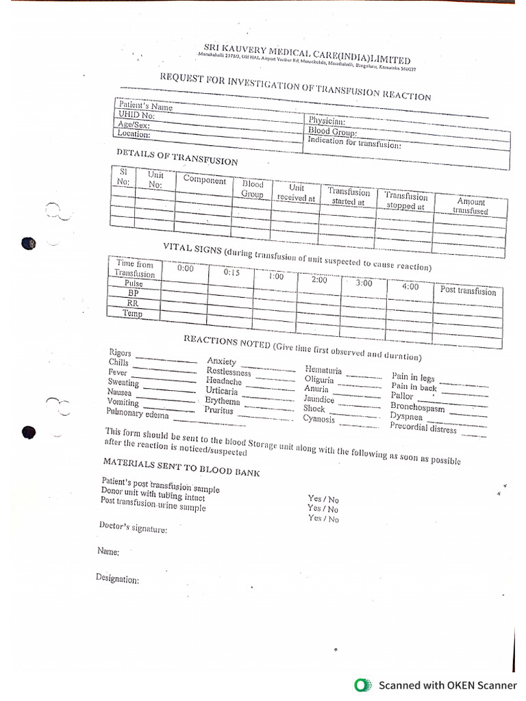 Blood Transfusion Reaction Form | PDF