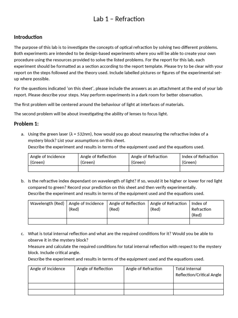 Lab 1 - 3E04 - vTA - Fall2024 | PDF | Refraction | Refractive Index