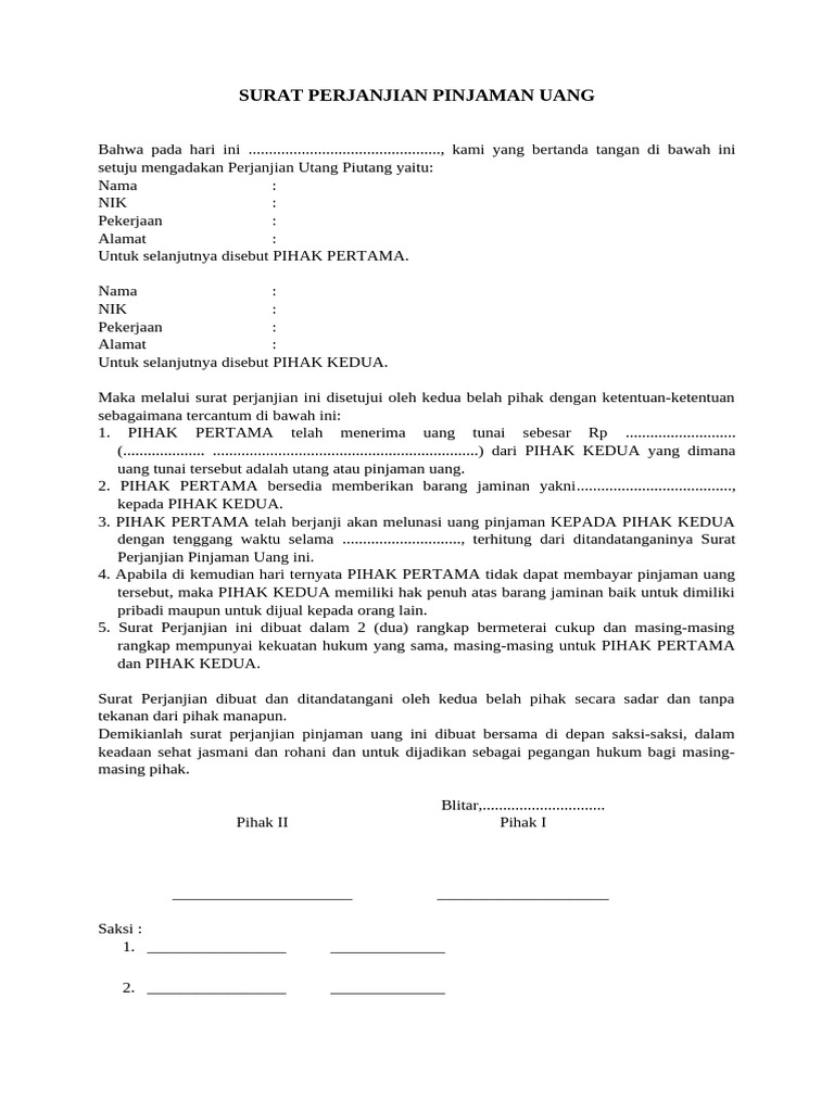 Surat Perjanjian Pinjaman Uang | PDF