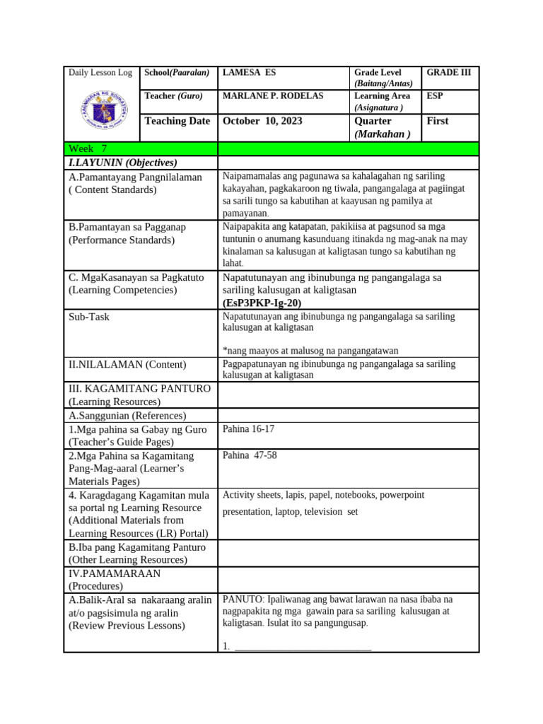 ESP-DLL-Q1-WEEK-7-DAY-2 Oct. 10 | PDF