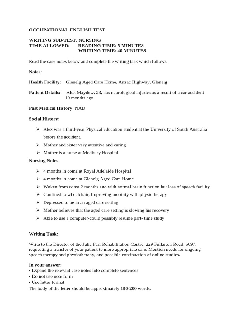 OET Nursing Letter Sample for Transfer | PDF