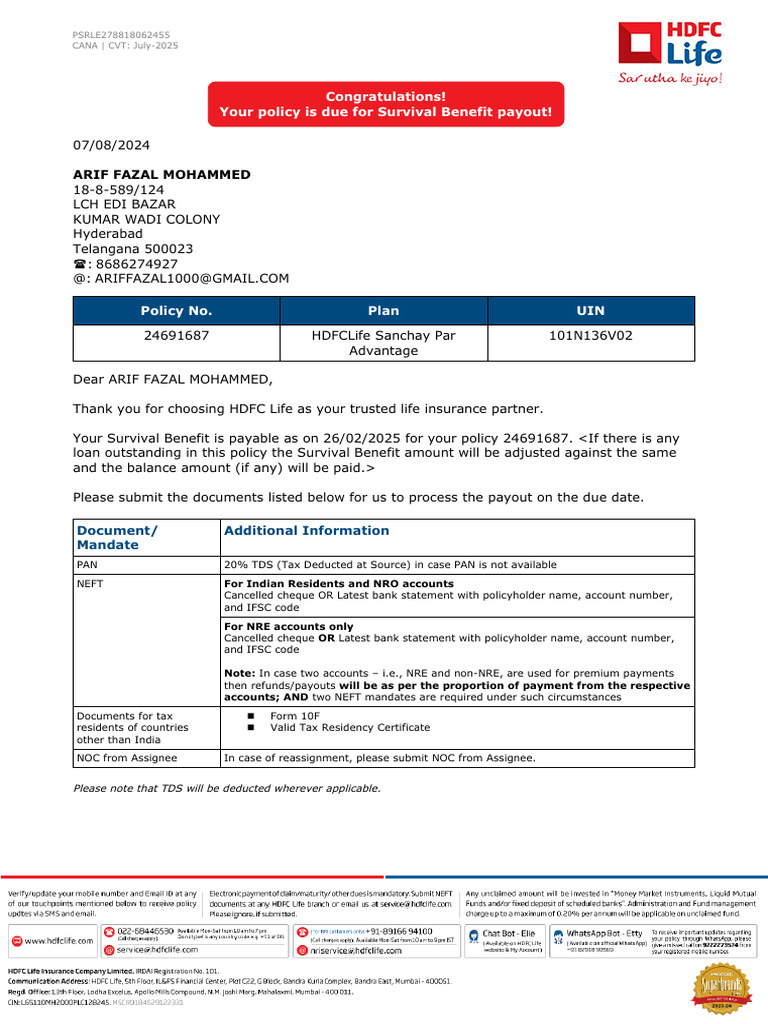 Survival Benefit Payout Notification | PDF | Insurance | Life Insurance