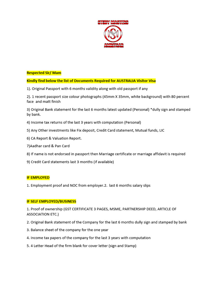 Australia Visitor Visa Document Checklist | PDF