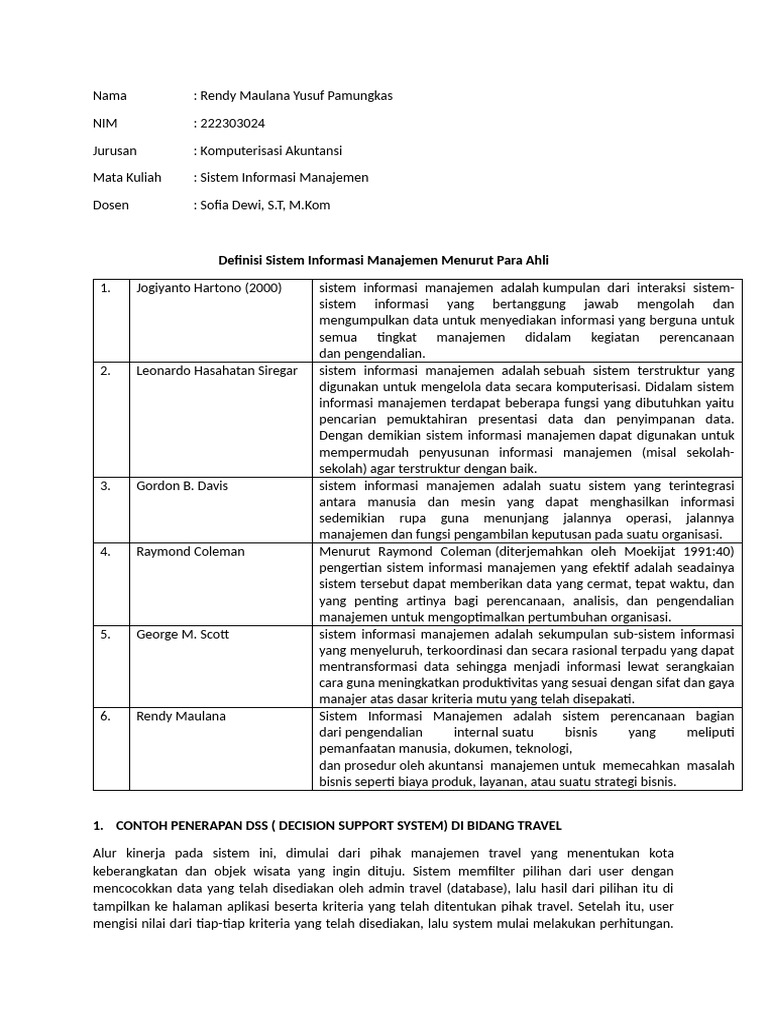 Tugas 2 - Definisi Sistem Informasi Dan Contoh Penerapan DSS Dan ESS | PDF