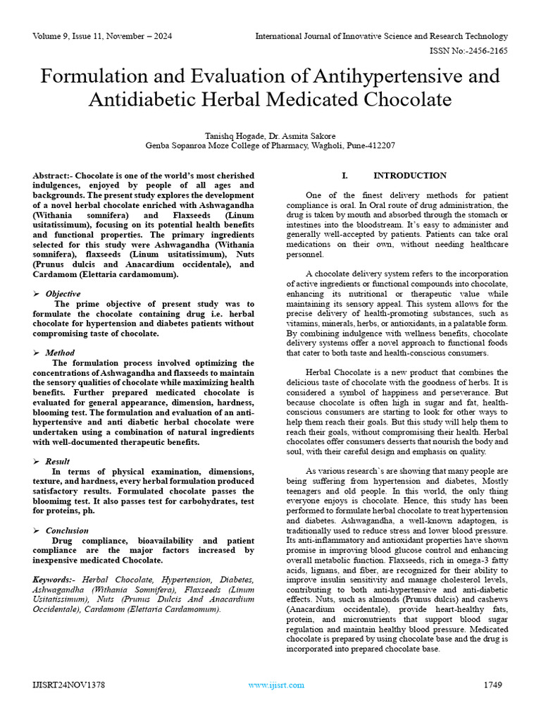 Formulation and Evaluation of Antihypertensive and Antidiabetic Herbal ...