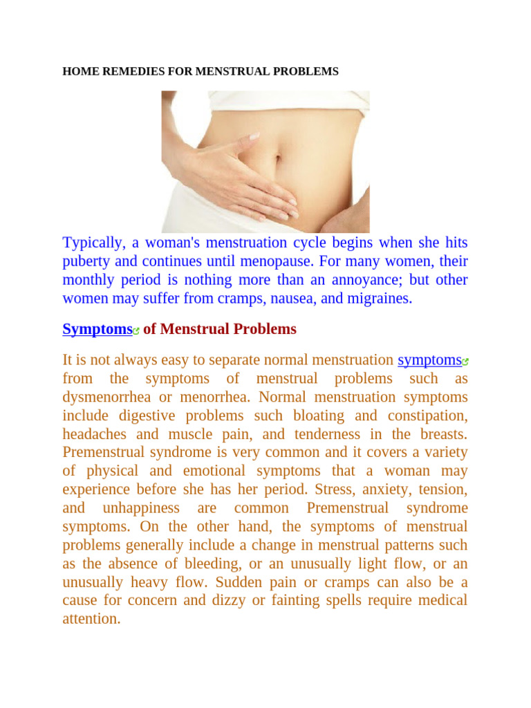 Home Remedies for Menstrual Issues | PDF | Menstruation | Premenstrual ...