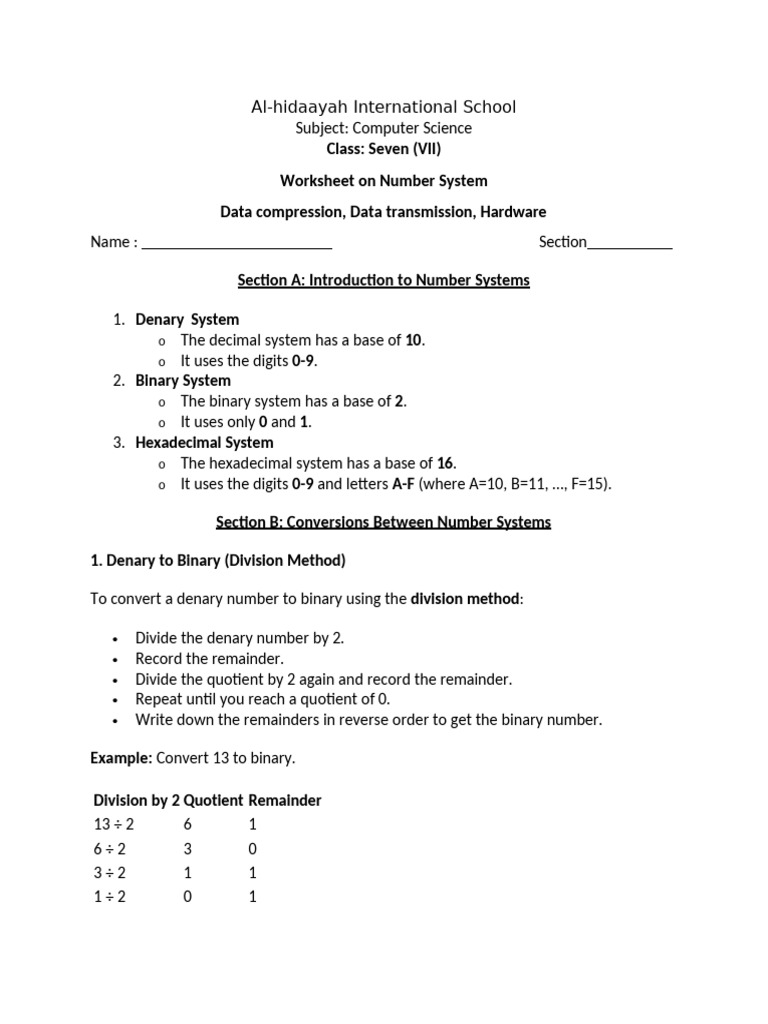 Worksheet On Number System, Data Compression, Transmission and Hardware | PDF | Decimal | Data ...