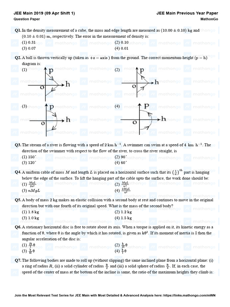 JEE Main 2019 (09 Apr Shift 1) Previous Year Paper with Answer Keys ...