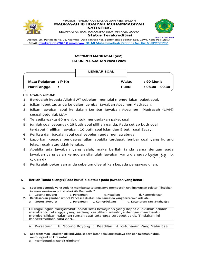 SOAL ASSESMENT PKn 2024 | PDF