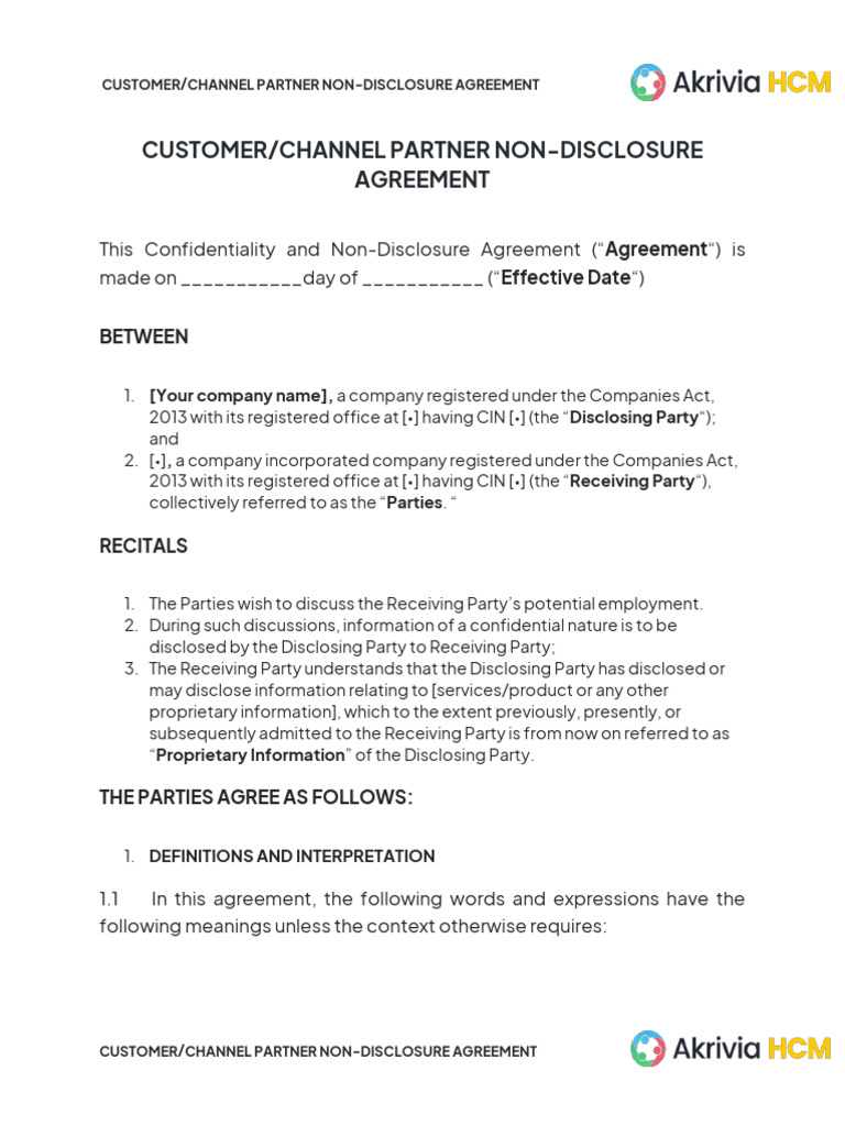Customer-Channel Partner NDA Template | PDF | Non Disclosure Agreement ...