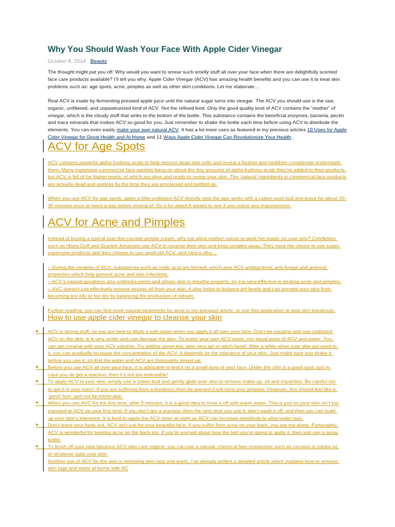 ACV For Age Spots: Why You Should Wash Your Face With Apple Cider Vinegar | PDF | Pimple | Vinegar