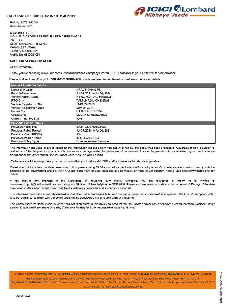 ICICI Lombard Two-Wheeler Insurance Policy | PDF | Insurance | Business Law