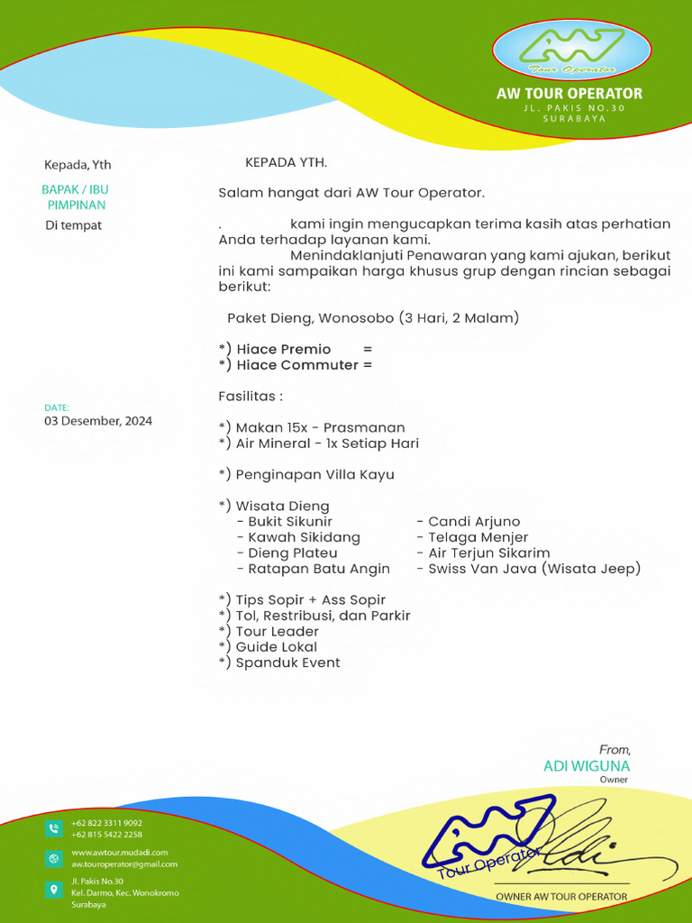 Penawaran - AW Tour - Dieng Hiace | PDF