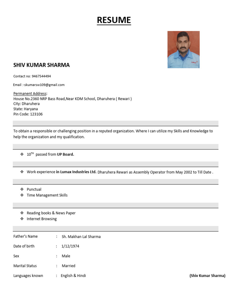 Shiv Kumar Sharma Resume - Assembly Operator Experience | PDF