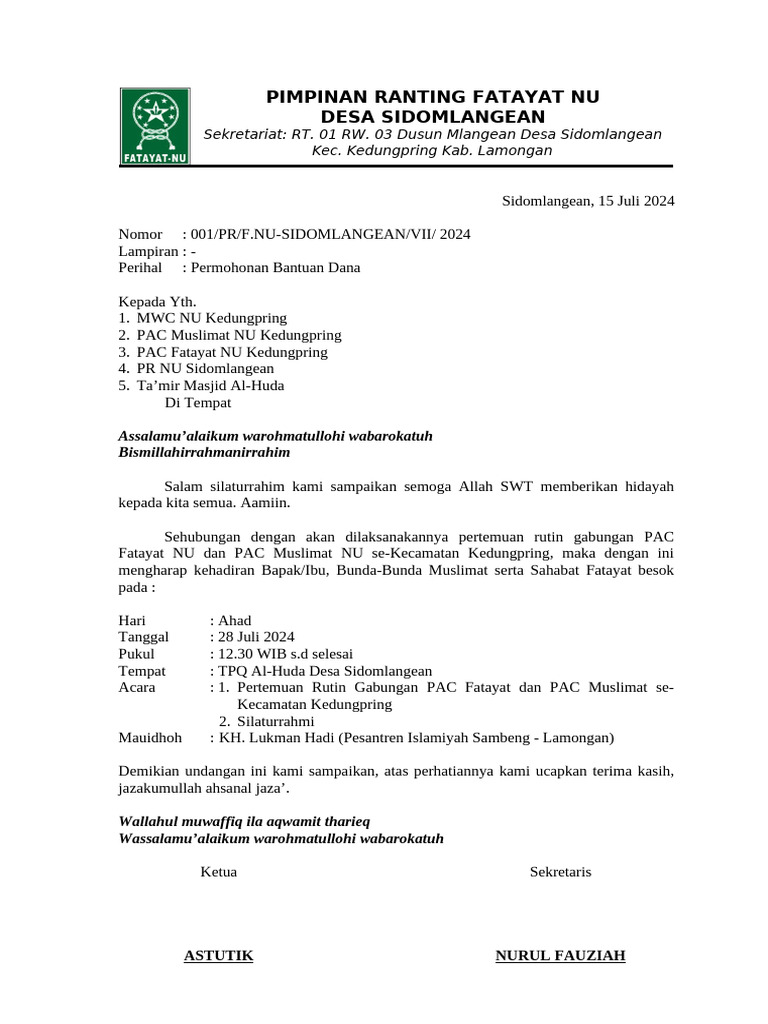 Proposal Pengajian Rutin Fatayat Muslimat Sidomlangean | PDF