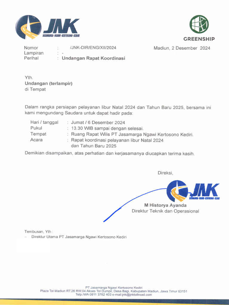 467-JNK-DIR-ENG-XII-2024 Undangan Rapat Koordinasi Nataru Eksternal JNK 2024-2025 | PDF
