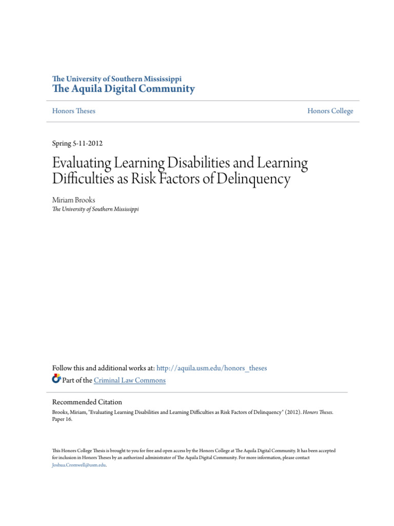 Evaluating Learning Disabilities and Learning Difficulties as Ris | PDF | Juvenile Delinquency ...