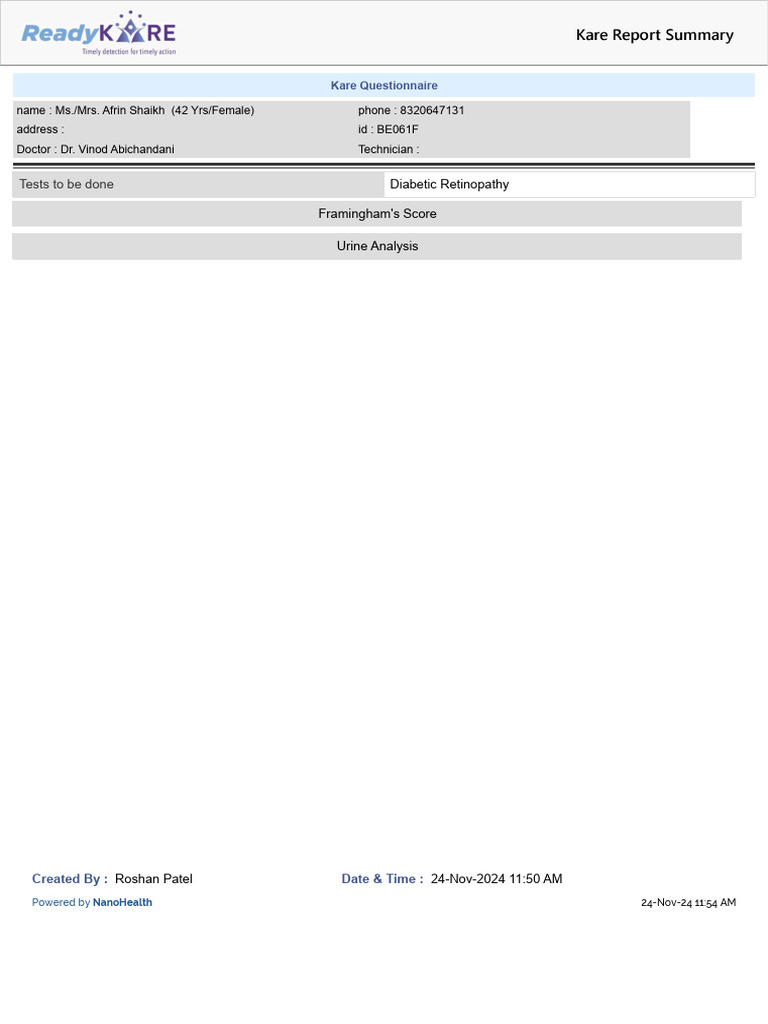 Health Check for Afrin Shaikh | PDF