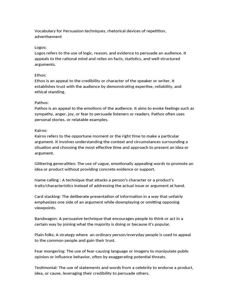 Vocabulary for Persuasion Techniques Rhetorical Devices of Repetition ...