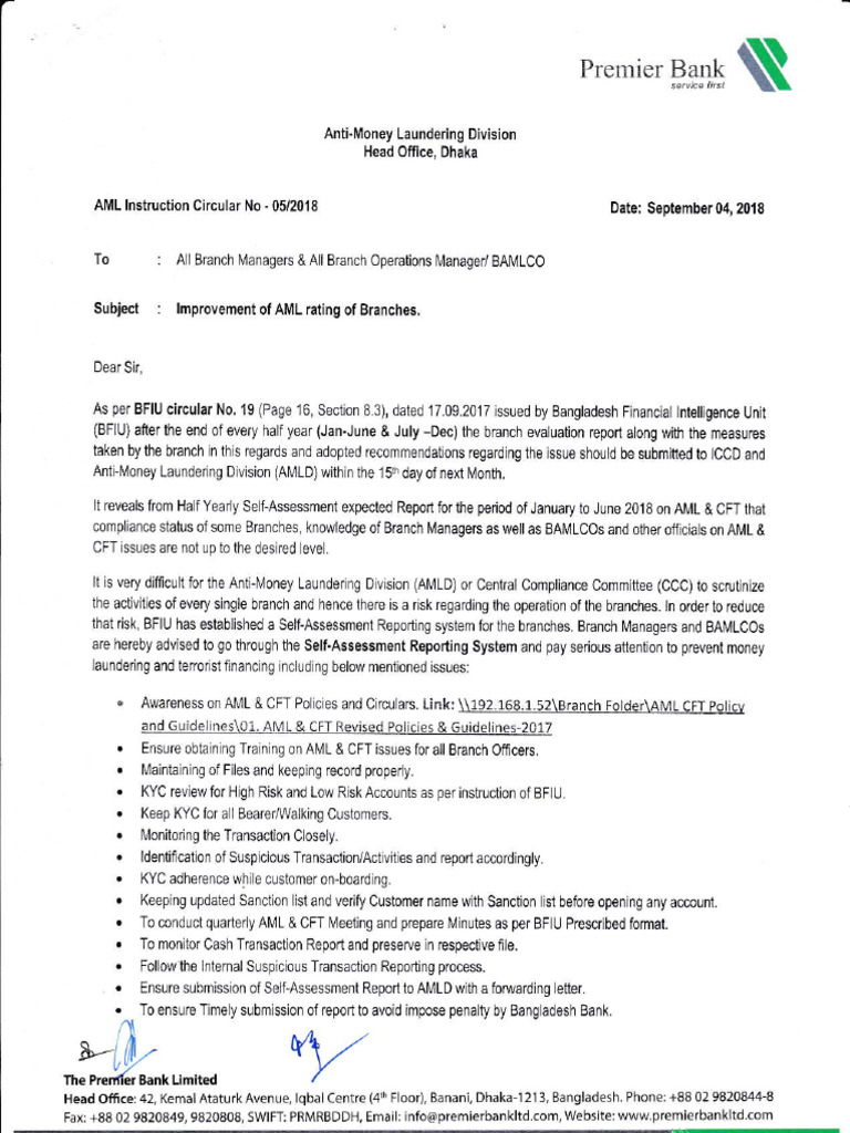 05. AML Instruction Circular No.05-2018-Improvement of AML Rating of Branches | PDF | Money ...