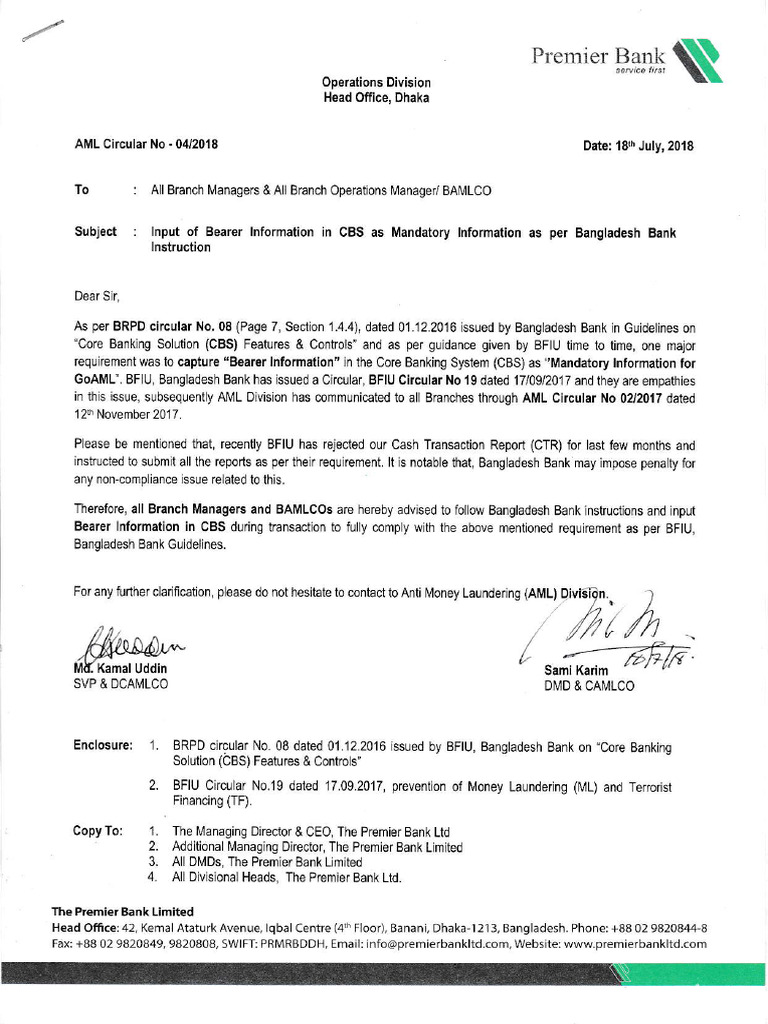 AML Circular No-04-2018-Inpur Bearear Information in CBS As Mandatory Field. | PDF | Money ...