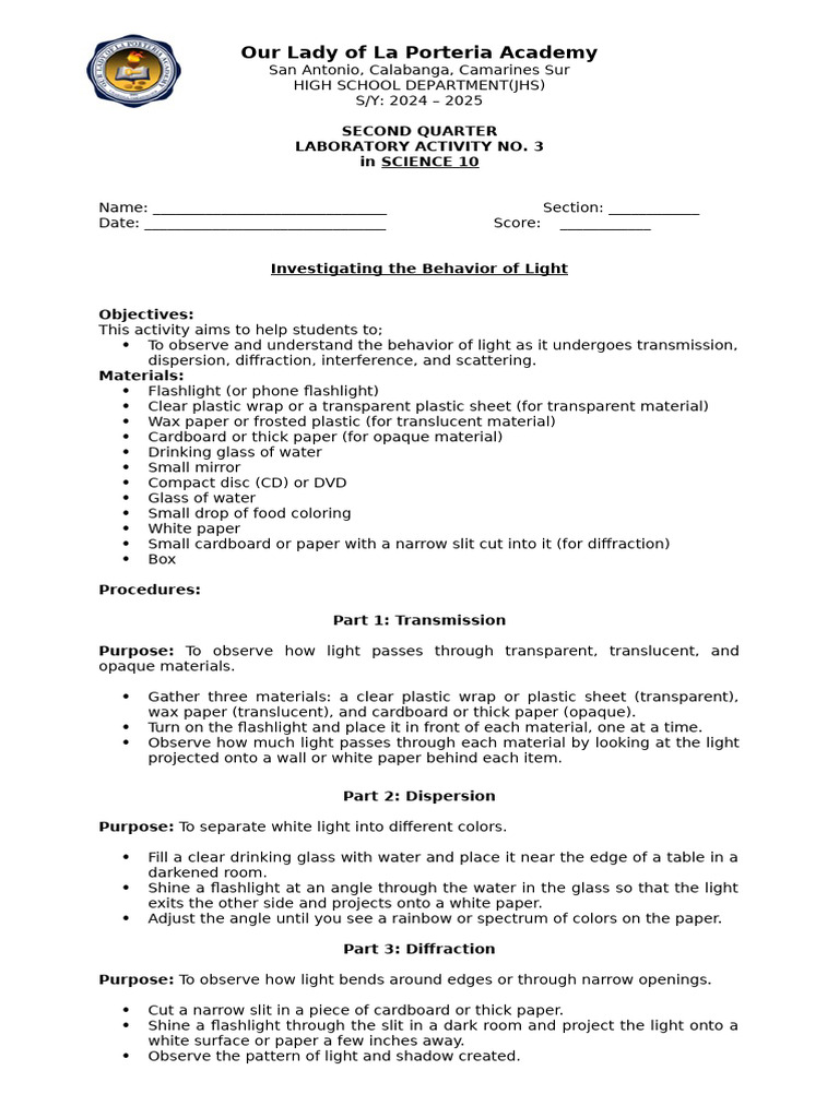 SCIENCE-10-ACTIVITY-BEHAVIOR-OF-LIGHT | PDF | Light | Diffraction