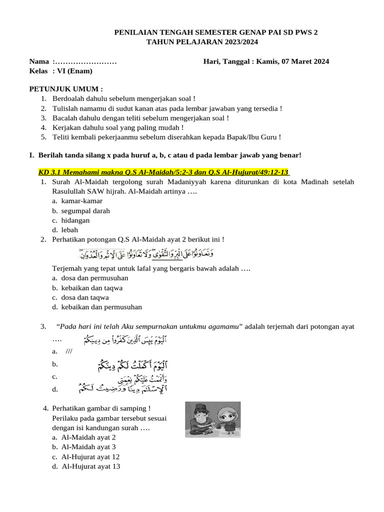 Print Soal PTS MAPEL PAI SEMESTER 2 KELAS 6 | PDF