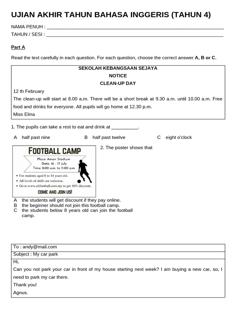 Ujian Akhir Tahun Bahasa Inggeris (Tahun 4) Dan Jawapan | PDF