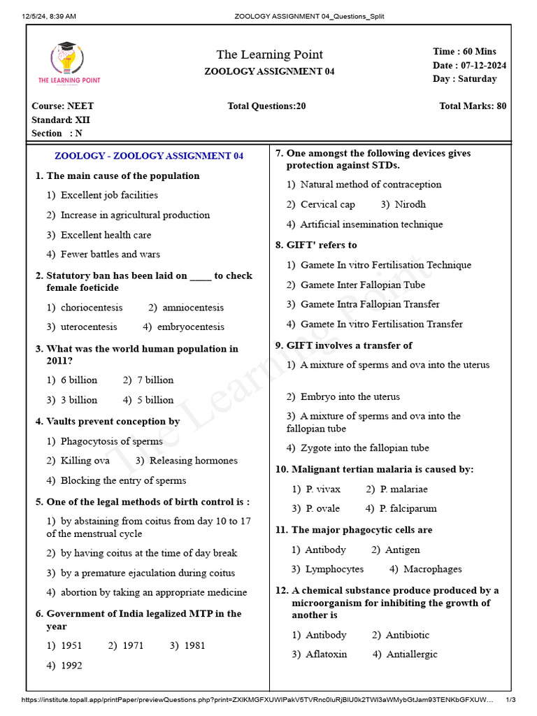 ZOOLOGY ASSIGNMENT 04 - Questions - Split | PDF | Fertilisation | Antigen