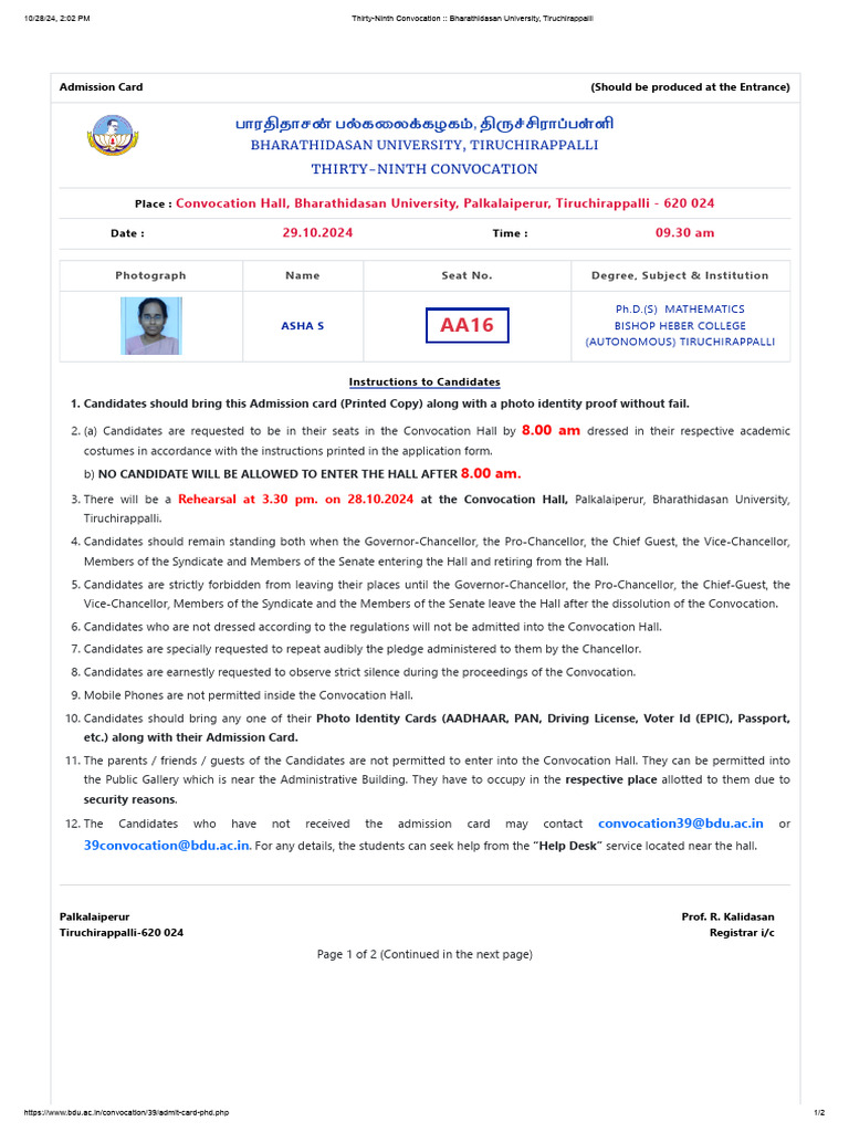 Bharathidasan University 39th Convocation Admission Card | PDF ...