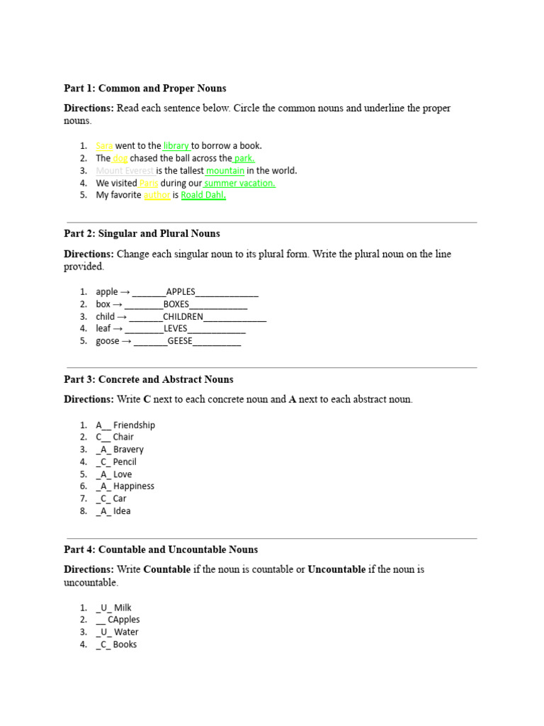 Noun Types Worksheet for Grades 3-4 | PDF