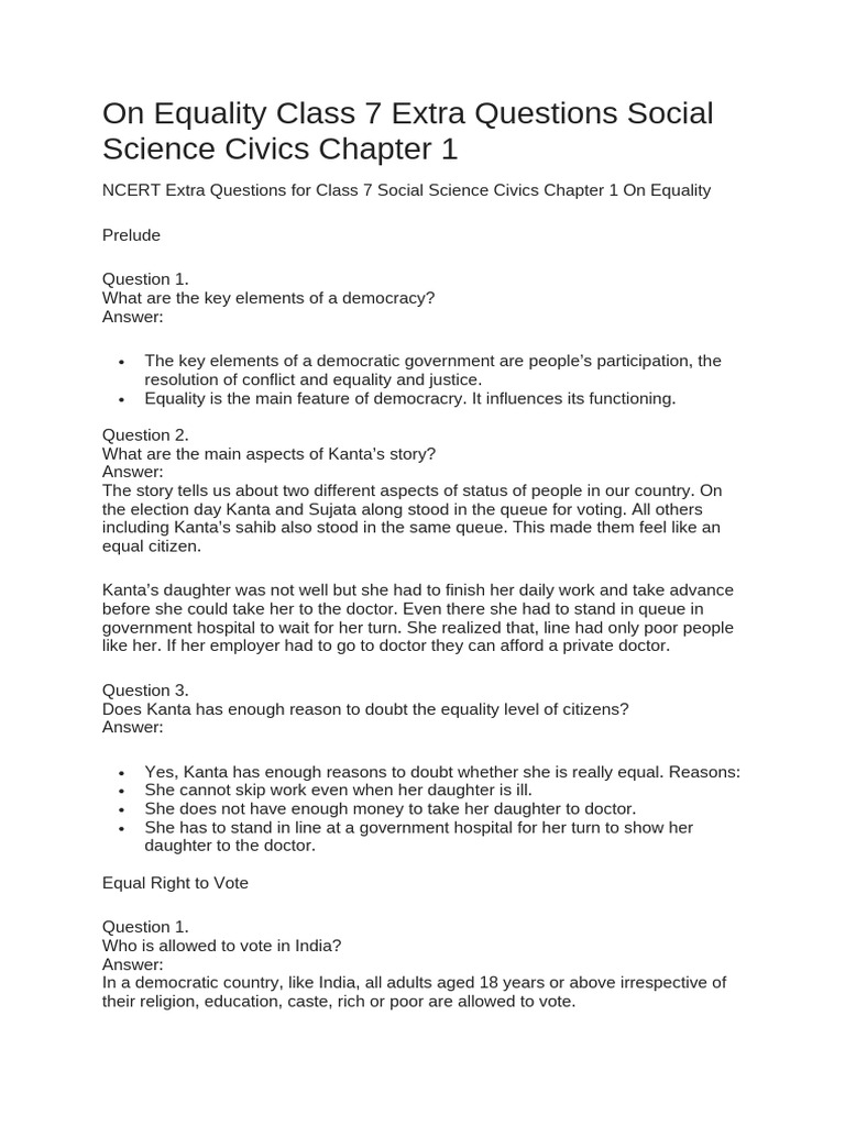 On Equality Class 7 Extra Questions Social Science Civics Chapter 1 ...
