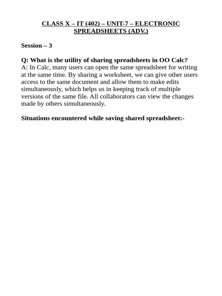 Class 10-IT-Unit-7-Electronic Spreadsheets-QA For Session 3 and 4 | PDF | Spreadsheet | Macro ...