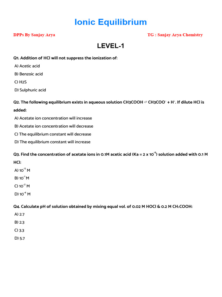 Ionic Equilibrium DPP 4 | PDF | Acid | Chemical Equilibrium