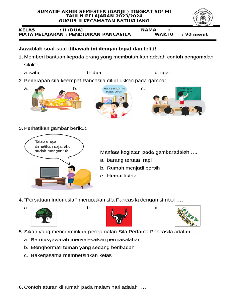 SOAL SAS PENDIDIKAN PANCASILA SEMESTER SATU 2023-2024 FIX | PDF