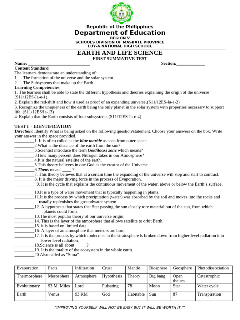 Formative And Summative Test Pdf Earth Atmosphere