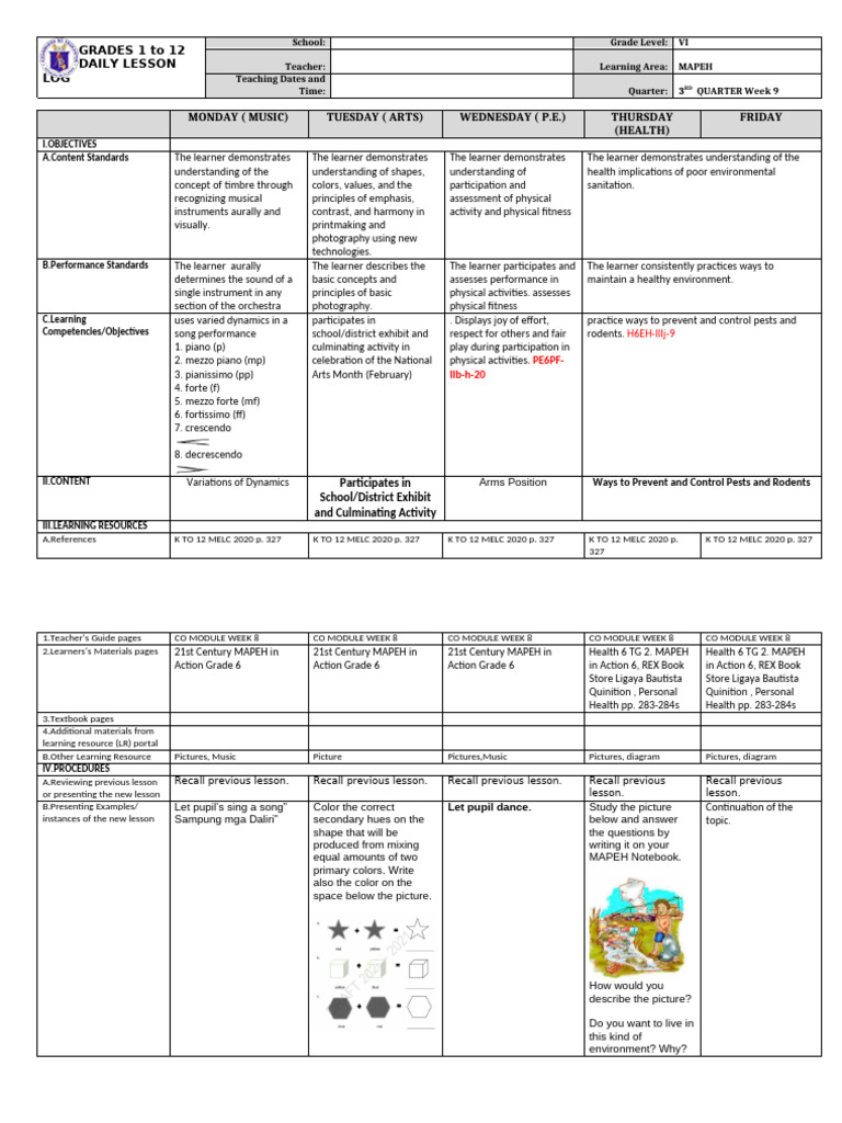 DLL_MAPEH 6_Q3_W9 | PDF | Learning