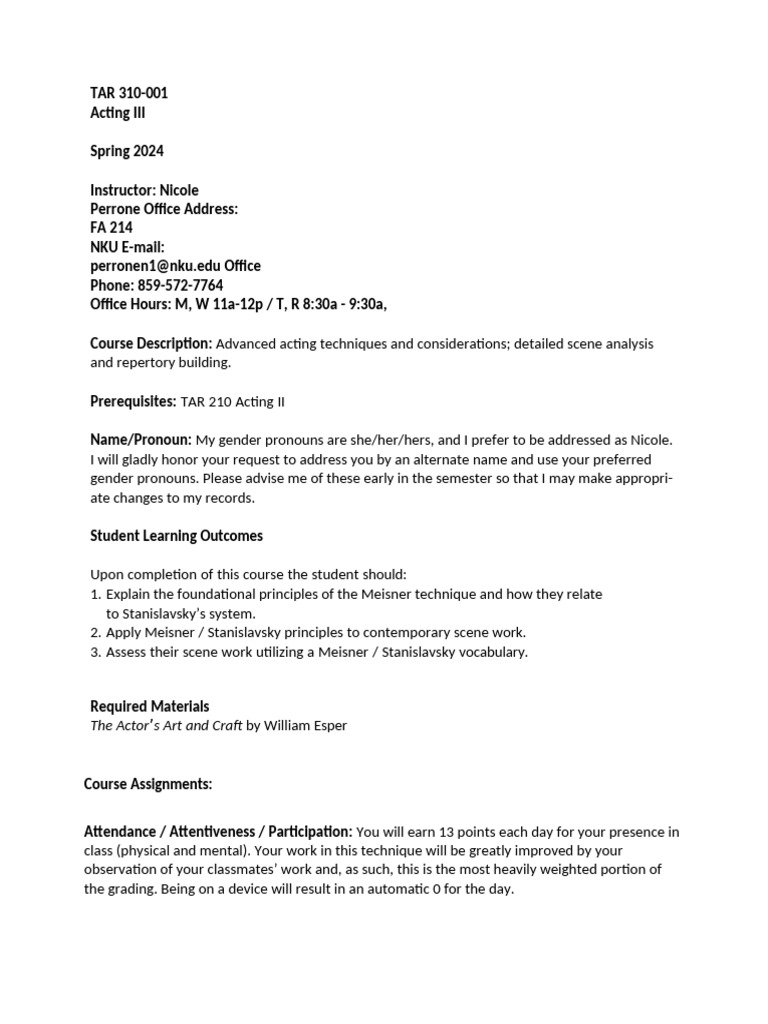 TAR_310_001_PERRONE_Spring 2024_Syllabus | PDF | Course Credit