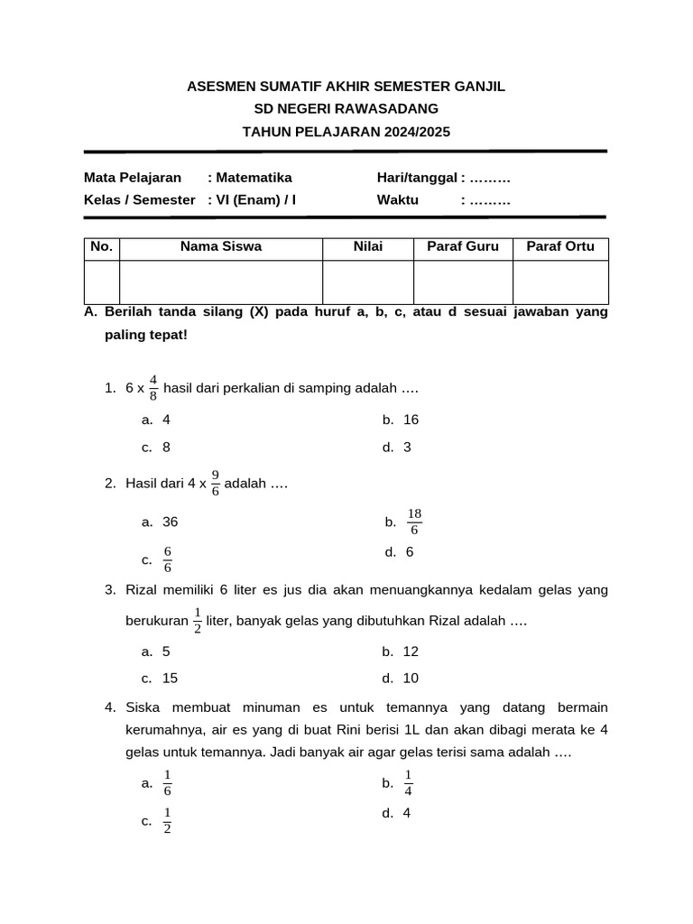 Soal Asas Ganjil Matematika Kelas 6 | PDF
