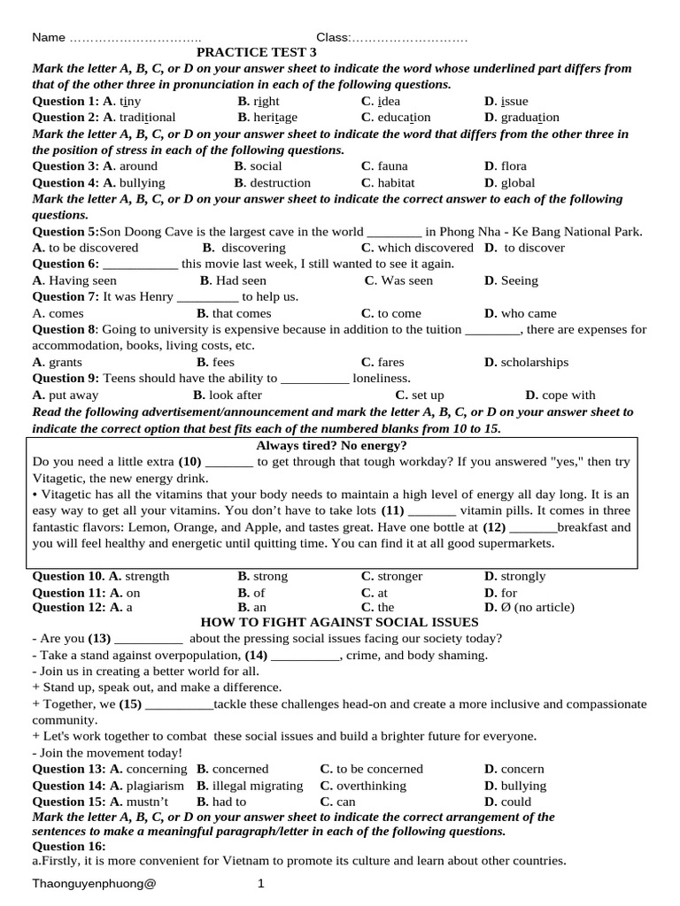 Practice test | PDF | Climate Change | Bullying