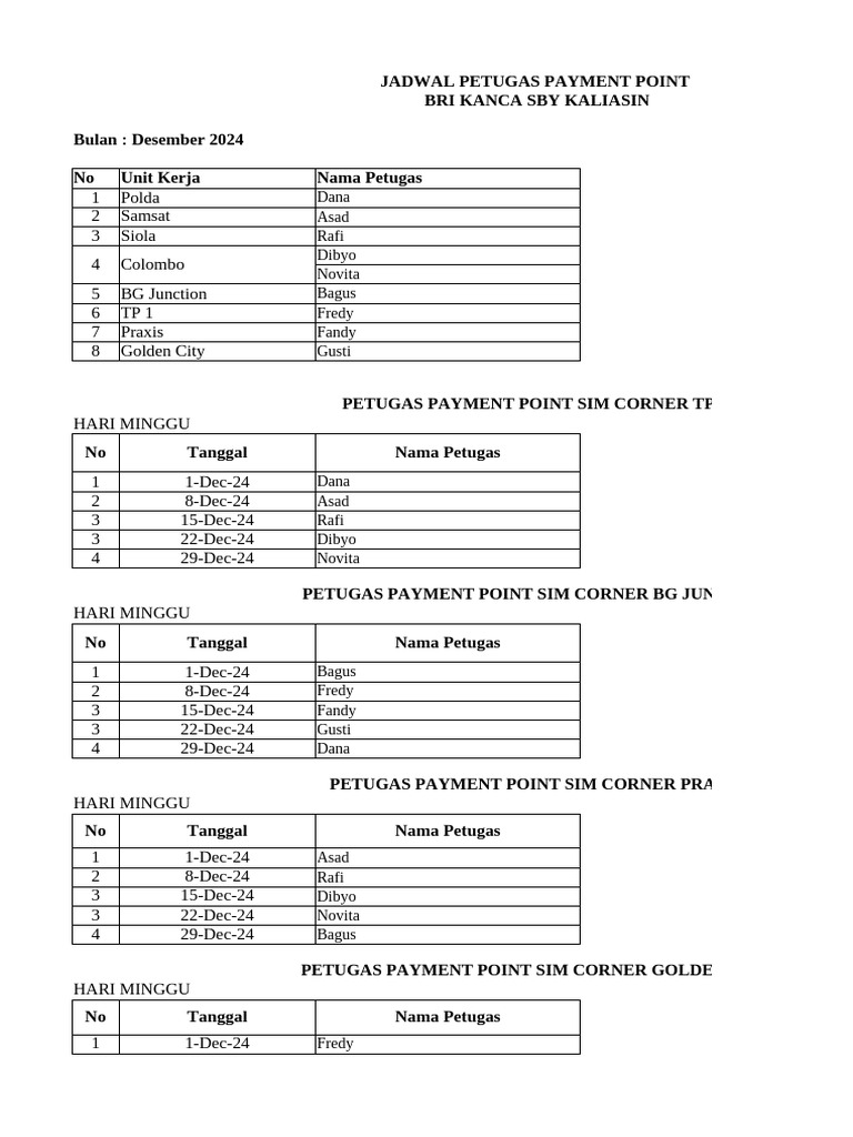 Jadwal 1 Bulan Roling Bulan Desember 2024 | PDF
