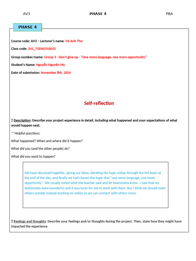AV3 - PBA - PHASE 4 - Self-Reflection | PDF | Human Communication