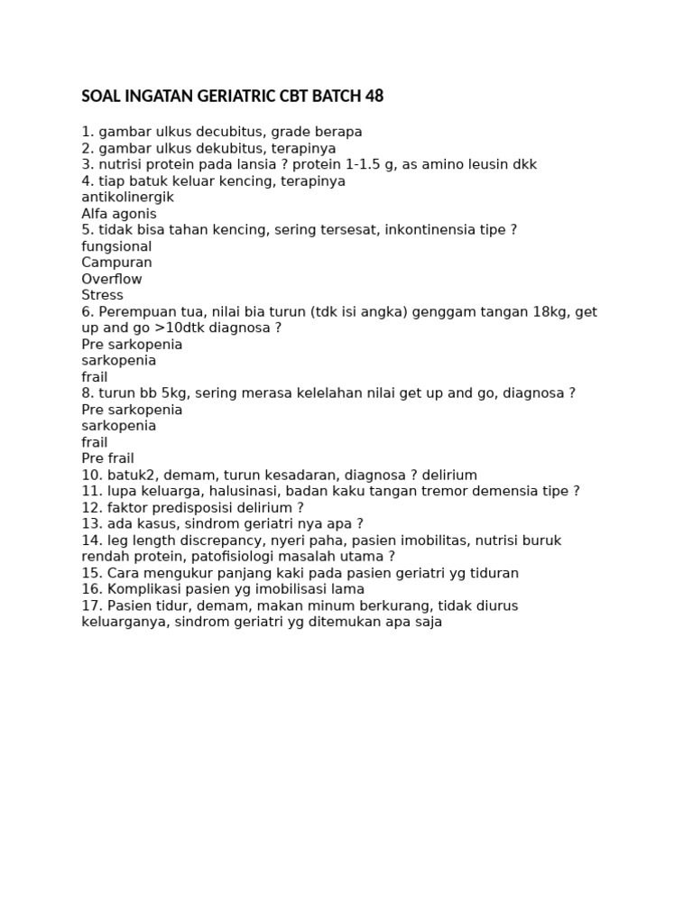 SOAL INGATAN GERIATRIC CBT BATCH 48 | PDF