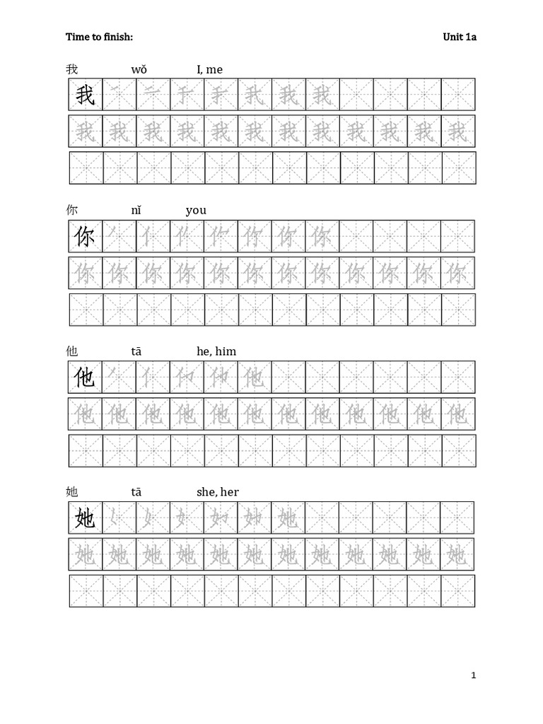 Chinese Characters of Unit 1a | PDF