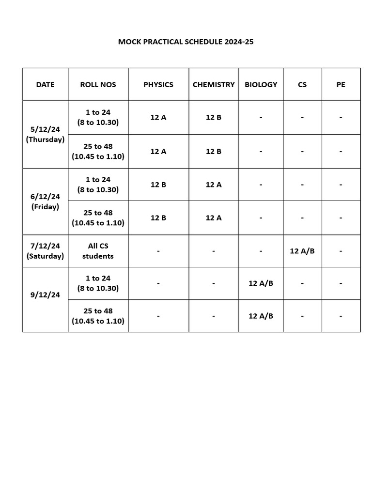 Mock Practical Schedule 2024-25 | PDF