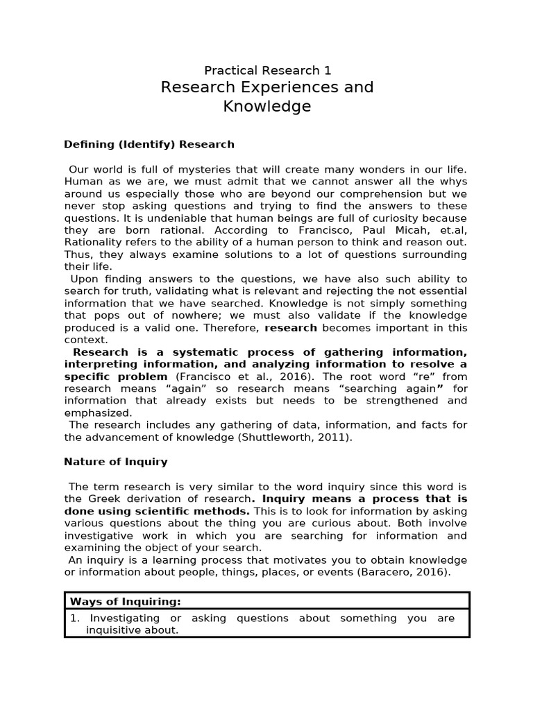 Practical Research 1 Week 1 Activity Sheet | PDF | Inquiry | Knowledge