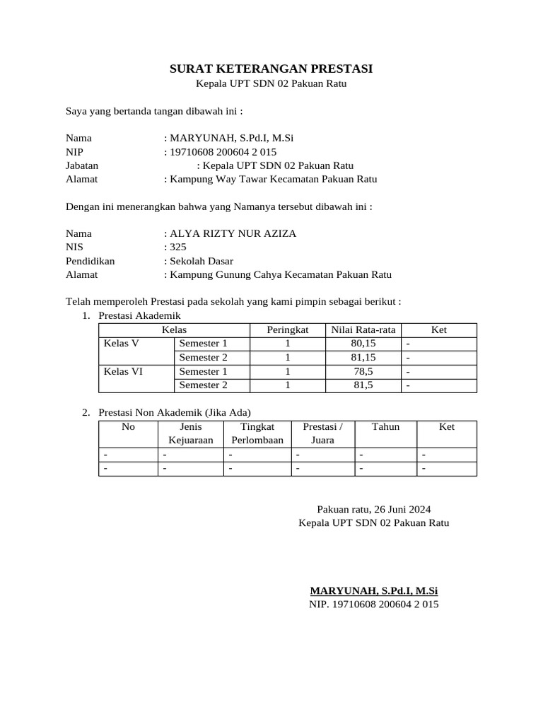 Surat Keterangan Prestasi | PDF