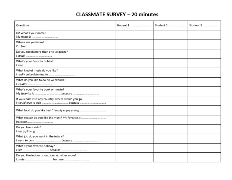 Lesson 3 - 1DE - Classmate Survey - Introducing Yourself | PDF