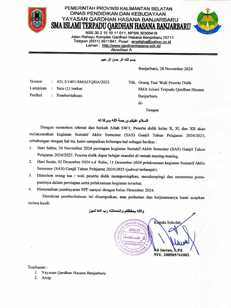Pemberitahuan Kegiatan SAS Ganjil Tahun Pelajaran 2024-2025 | PDF